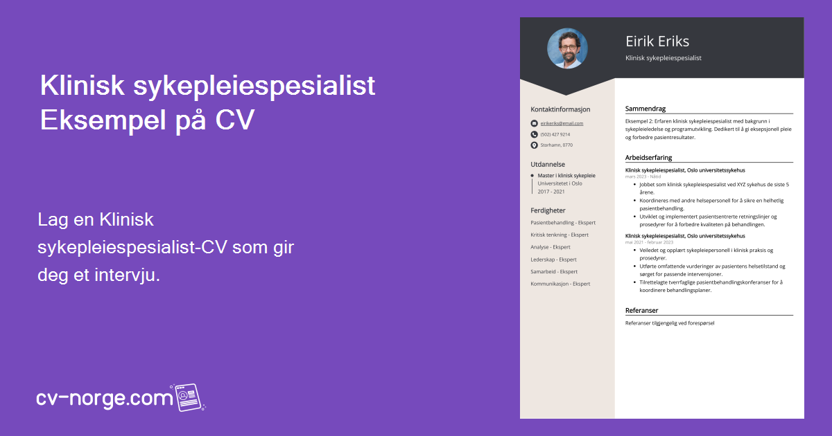 Klinisk sykepleiespesialist CV-eksempel for 2025
